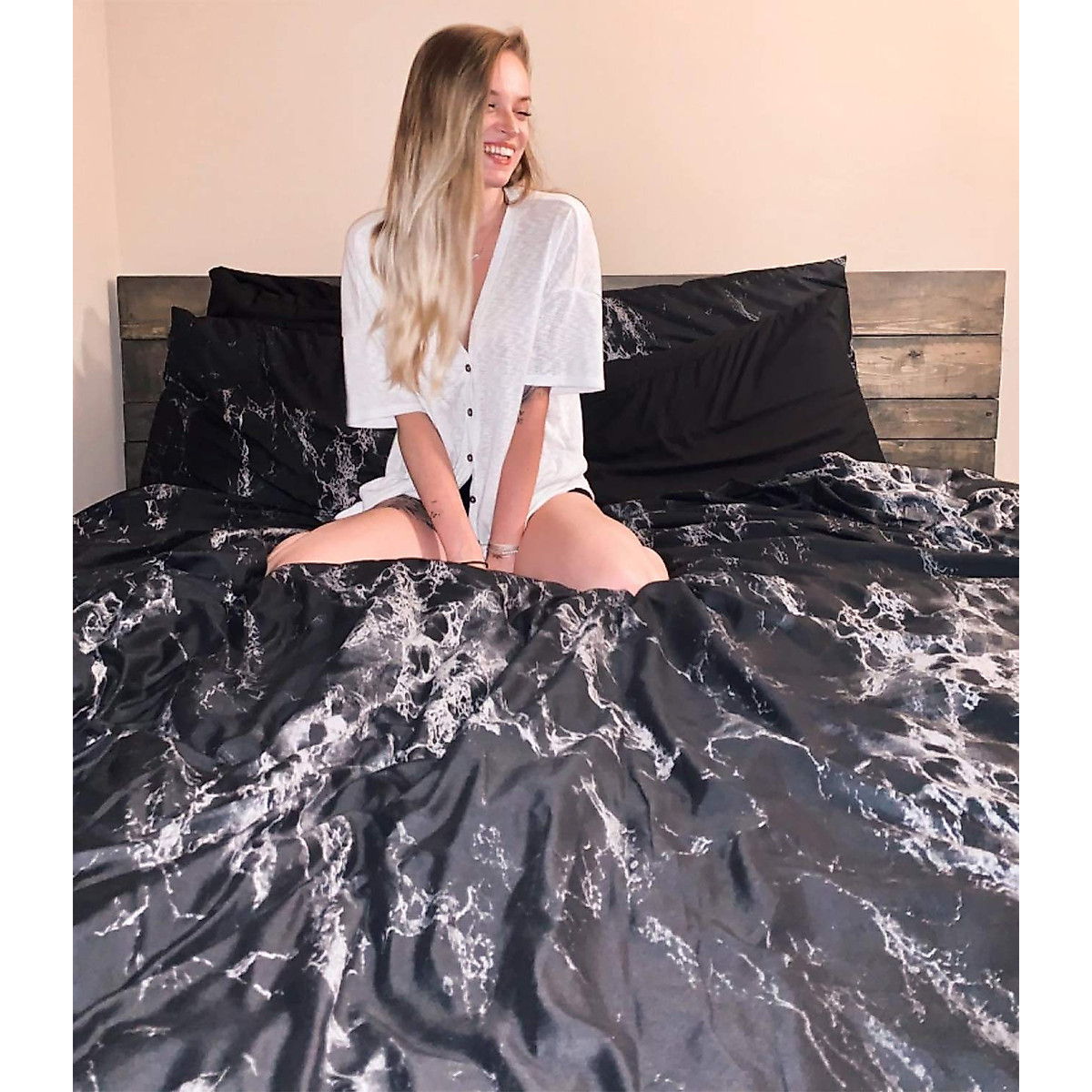 Spring Meow 2024 Upgraded Black Twin Duvet Cover, 100% Washed Duvet Cover Set, Marble Bedding, 3 Pieces with Zipper Closure, 1 Duvet Cover 68x90 inches and 2 Pillow Shams