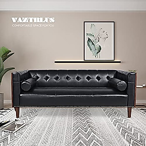 Couches for Living Room Faux Leather Black Sofa Mid Century Modern Couch Tufted 3 Seater Sofa 77.5'' Clean Lines Wooden Decorated Square Arm Sofa with Two Bolster Rolled Accent Pillows (BLACK)