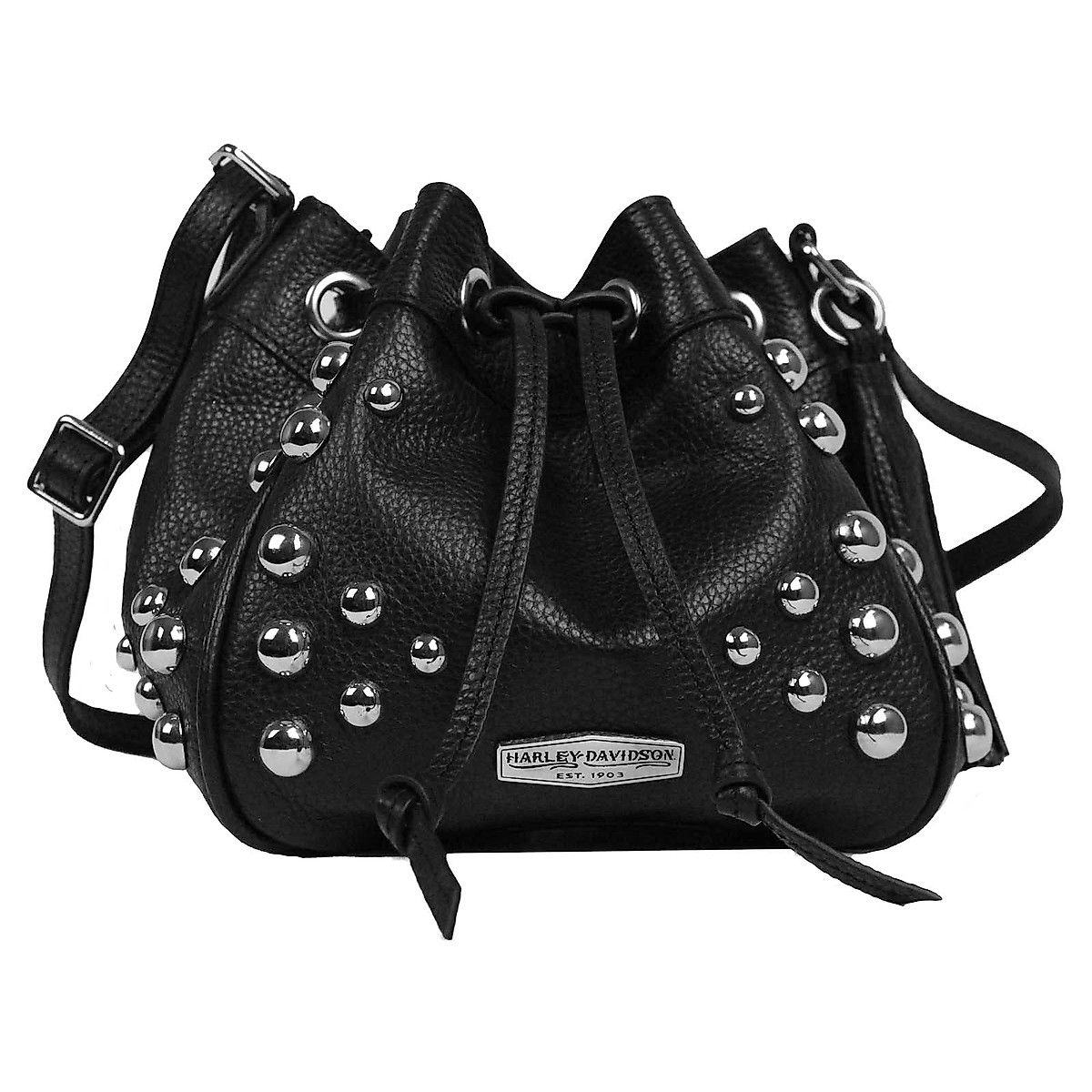 Harley-Davidson Women's Heavy Metal Leather Drawstring Crossbody Purse - Black