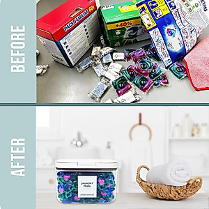 MUVEKA 94oz /2.8L Laundry Pods Container for Laundry Room Organization, Laundry Pod Up Holder with 30 Labels and scoop, Laundry Detergent Powder Container, Dryer Sheet Holder, 150 Pods