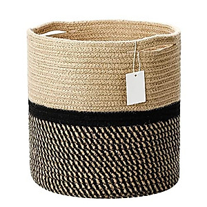 Medium woven Storage Basket Decorative Rope Basket Wooden Bead Decoration for Blankets,Toys,Clothes,Shoes,Plant Organizer Bin with Handles Living Room Home Decor, Jute.