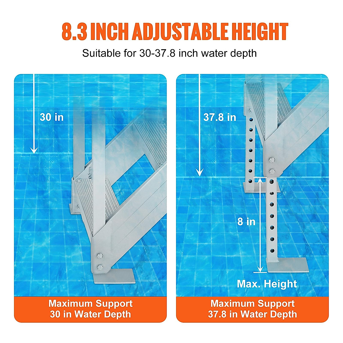 VEVOR Dock Ladder with Rubber Mat, Dock Steps 30"-39" Adjustable Height, Dock Stairs Aluminum 4 Step, Each Step 22" x 4", 500Lbs Load, for Lake, Marine Boarding, Pool