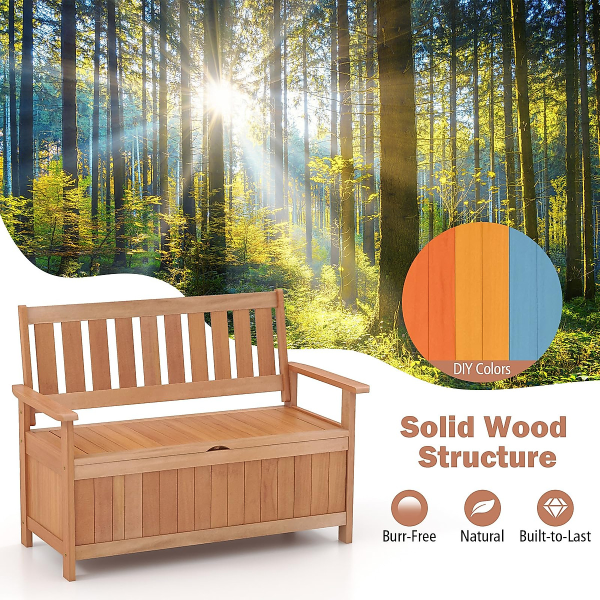 Tangkula 48 Inch Patio Storage Bench, Wood Storage Loveseat with 34.2 Gal Inner Space, Entryway Large Deck Box w/Slatted Backrest, Wooden Storage Seat for Backyard, Garden