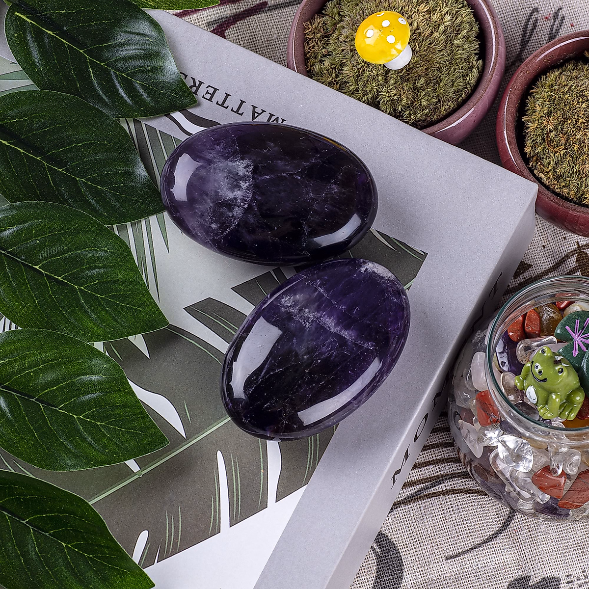 UFEEL Amethyst Palm Stone Crystal Natural Chakra Therapy Polished Healing Crystal Oval Pocket Gemstone for Anxiety Stress Relief