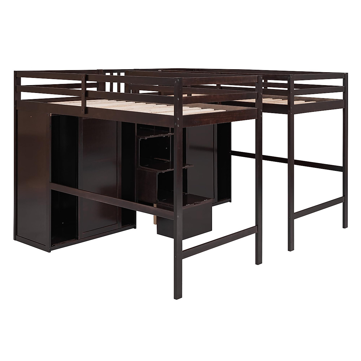 BIADNBZ Wooden Double Twin Size Loft Bed with Two Wardrobes and Staircase for Kids/Teens/Bedroom,Espresso