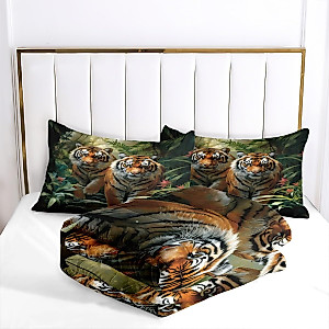 Ydtwnyq Tiger Bedding Set King, Dark Green Comforter Set, Tropical Plants Wildlife Animal Tiger Comforter Set Quilt Cover with 2 Pillowcases for Kids Teens Adults