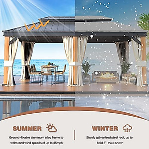 YOLENY 12' x 20' Ultra-thick Columns and Beams Hardtop Gazebo with Faux Wood Grain Aluminum Frame, Vertical Stripe Galvanized Steel Double Roof, Outdoor Patio Gazebo Pergolas with Netting and Curtains