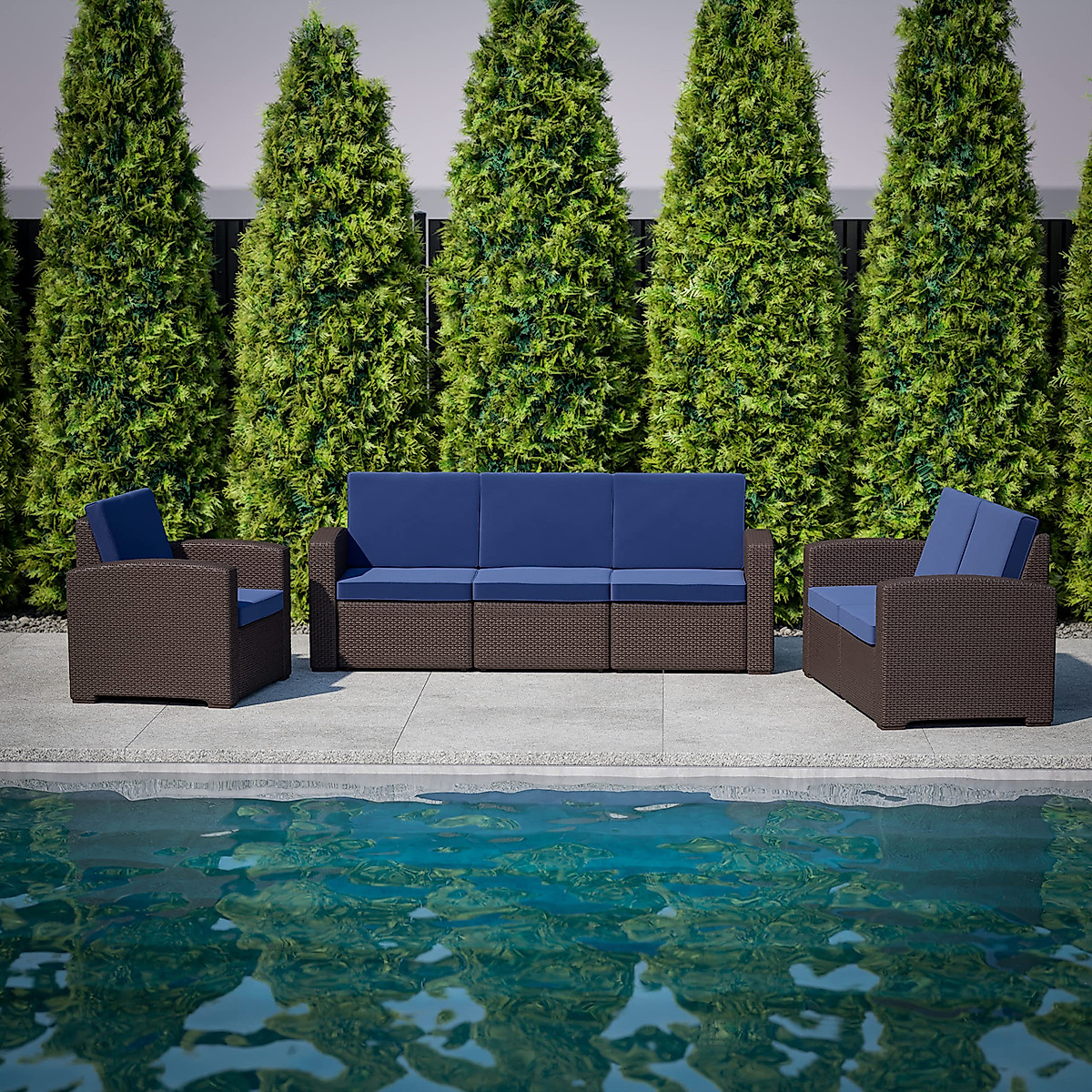 Flash Furniture Seneca Chocolate Brown Faux Rattan Sofa with All-Weather Navy Cushions