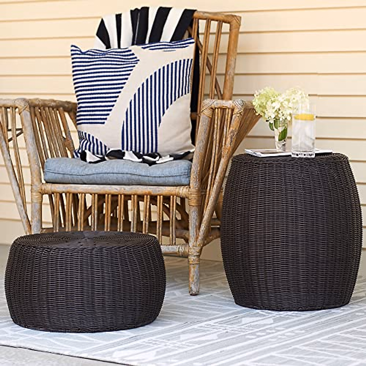 Household Essentials ML-5005 Resin Wicker Footstool Ottoman | Brown(16"D x 16"W x 9"H)