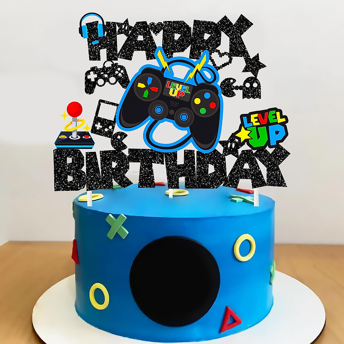 Video Game Happy Birthday Cake Topper Glitter Game Controller Cake Pick Decoration Gamer Birthday Cake Decorations for Video Game Controller Themed Kids Birthday Party Baby Shower Supplies (Black)
