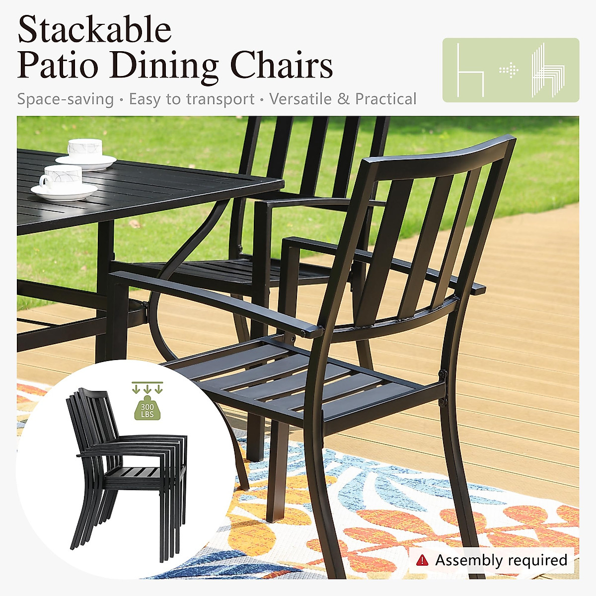 PHI VILLA 7 Piece Metal Outdoor Patio Dining Bistro Sets with Umbrella Hole - 60" x 37.8" Rectangle Patio Table and 6 Backyard Garden Outdoor Chairs,Black