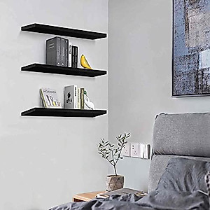 SAUMONIERES Floating Shelves Wall Shelf Solid Wood for Bathroom Bedroom Kitchen Wall Decor Set of 3, Black Wall Shelves