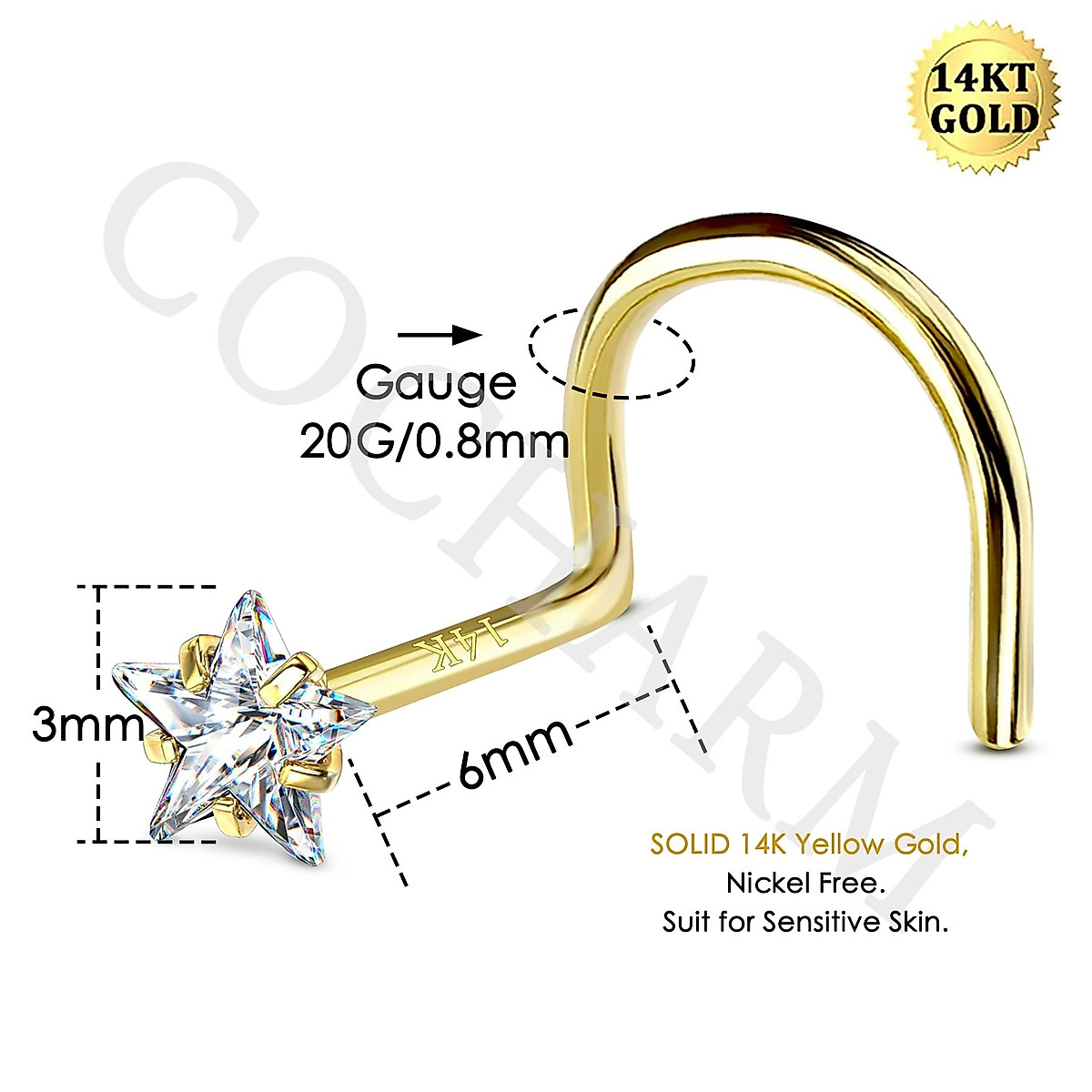 COCHARM 14k Solid Gold Nose Studs 14k Gold 3mm Nose Rings for Women Real Gold Star CZ Nose Screw 14k Hypoallergenic Nose Piercing Gold