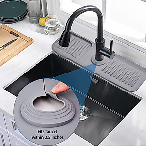 Kitchen Sink Splash Guard, Silicone Faucet Handle Drip Catcher Tray Fits the Faucet Tube within 2.5", Kitchen Sponge Holder Faucet Absorbent Sink Protectors Mat (17.7" x 5.5")