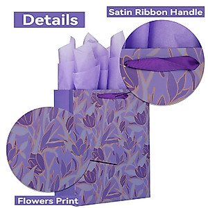 Qirrmiy 13” Large Purple Gift Bag Set with Greeting Card and Tissue Paper (Purple Flowers Design) for Celebrating Birthdays, Mother's Day, Weddings, Anniversaries - 10.2”x5.2”x13”, 1 Pcs.