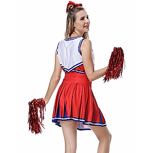 GRAJTCIN Women's Cheerleader Costume Halloween 3-Pieces High School Girl Cheerleading Outfit with Pom Pom(Medium, Red)