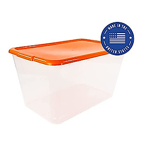 SIMPLYKLEEN 14.5-gal. Reusable Stacking Plastic Storage Containers with Lids, Tangelo Orange/Clear (Pack of 4)