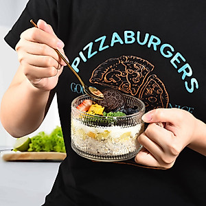 TIMIFTE Vintage Coffee Mugs Set of 4 Embossed Tea Cups, Overnight Oats Containers with Bamboo Lids and Spoons, 14oz Glass Coffee Cups for Cappuccino, Latte, Cereal, Yogurt, Beverage, Clear