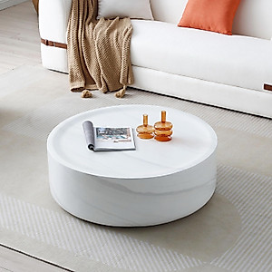 35.43" Faux Marble Coffee Table, Round White Coffee Table for Living Room, Modern Drum Circle Fiberglass Coffee Table for Living Room, ø35.43"*11.81"H (White)