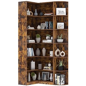 Loomie Bookshelves, 6 Tiers Shelf Large Tall Corner Etagere Bookcase with Full Baffle, L-Shaped Modern Storage Display Industrial Book Shelf for Bedroom, Home Office, Living Room & Kitchen, Rustic
