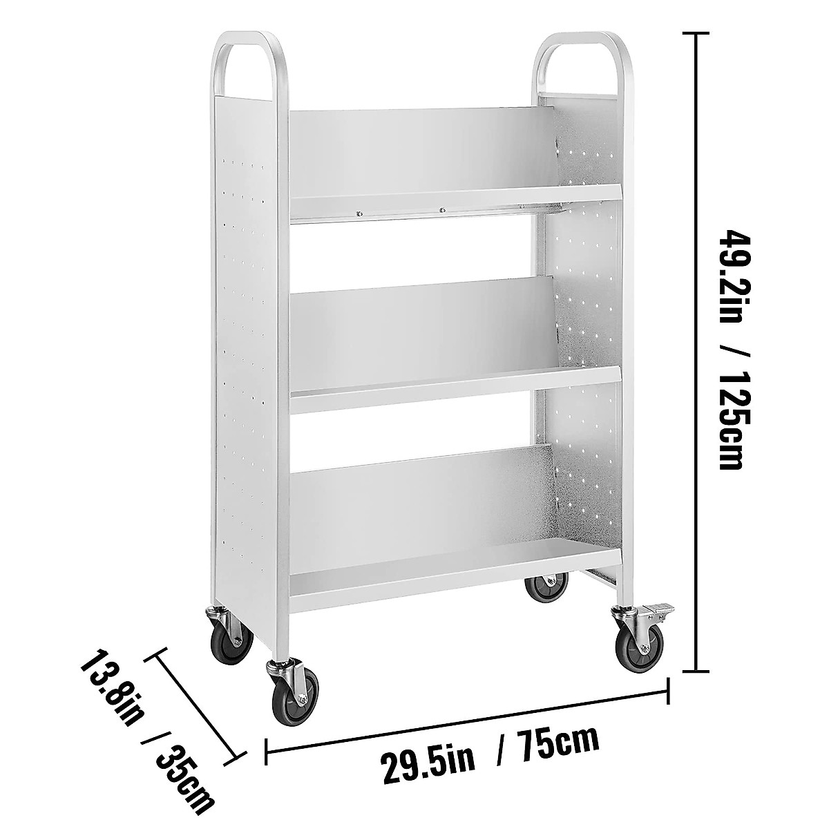 VEVOR Book Cart, 200LBS Library Cart, 49.2''x29.5''x13.8'' Rolling Book Cart, Single Sided V-Shaped Sloped Shelves with 4 Inch Lockable Wheels for Home Shelves Office School Book Truck, White