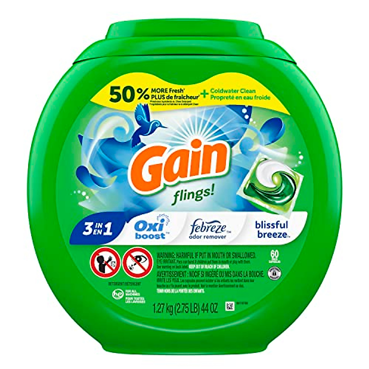 Gain flings! Laundry Detergent Soap Pacs HE Compatible 60 Count Long Lasting Scent Blissful Breeze Scent