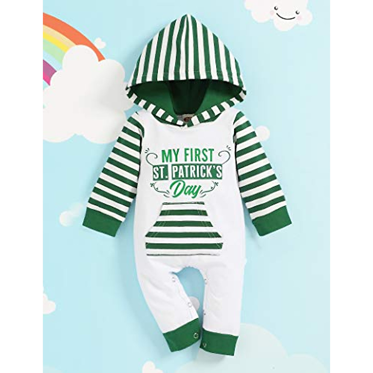 WALSONER My First St Patrick's Outfit Baby Boy Stripe Hooded Romper Bodysuit St.Patrick's Day Clothes 6-9 Months