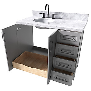 ARIEL 43" Grey Bathroom Vanity with 1.5" Edge Italian Carrara Marble Countertop & Backsplash, Left Oval Sink, 2 Soft Closing Doors, 5 Full Extension Dovetail Drawers, Toe Kick, Matte Black