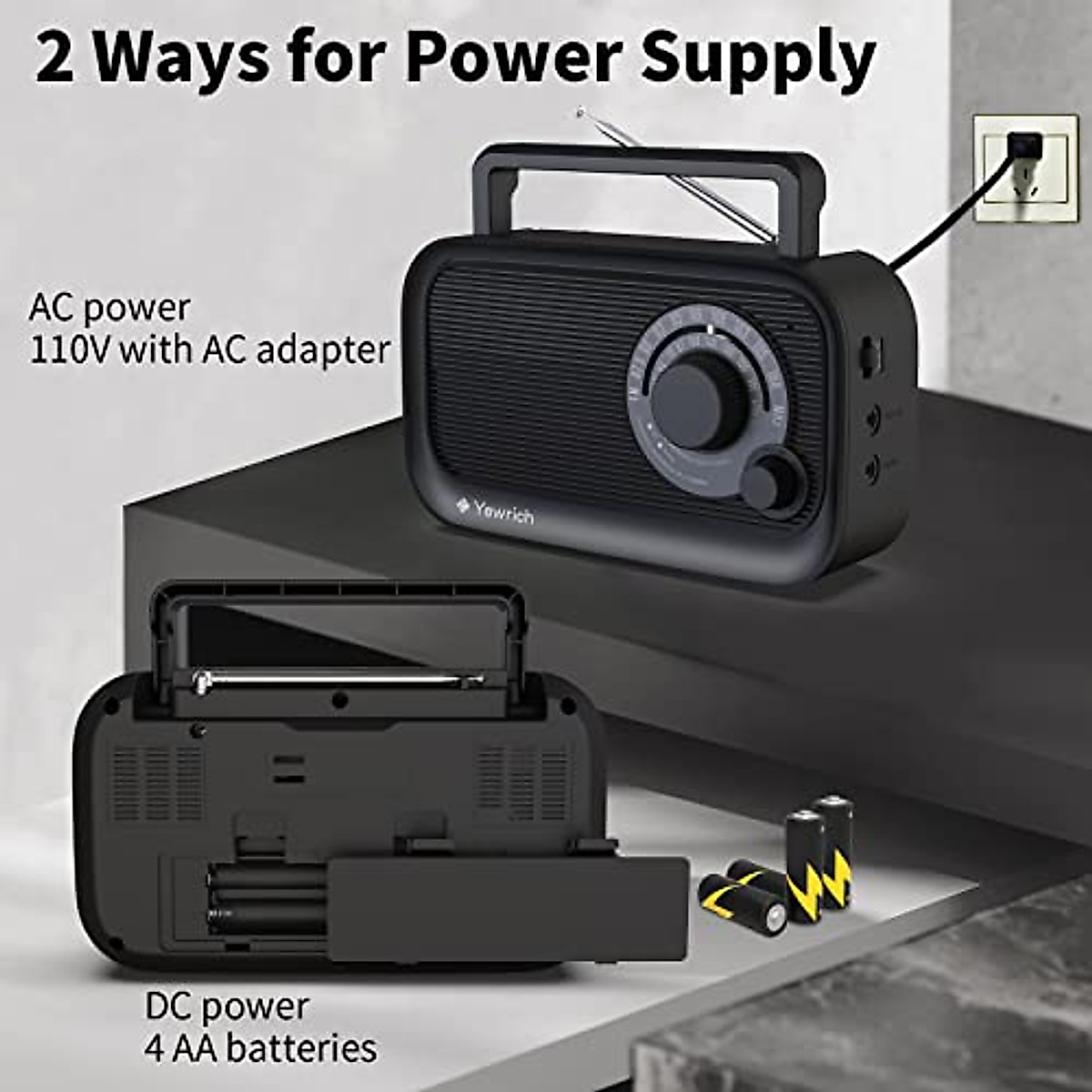 AM FM Radio with Best Reception, Bluetooth Speaker Portable Radio, DSP Plug in Wall Radio Battery Operated or AC Power with Headphone Jack, Large Tuning Knob for Home Kitchen Outdoor, Black