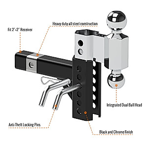 Sulythw Adjustable Trailer Hitch, Fits 2-Inch Receiver, 4-Inch Drop Hitch Ball Mount, Aluminum Tow Hitch, 2 and 2-5/16 inch Combo Stainless Steel Tow Balls for Heavy Duty Truck with Double Pins, Black
