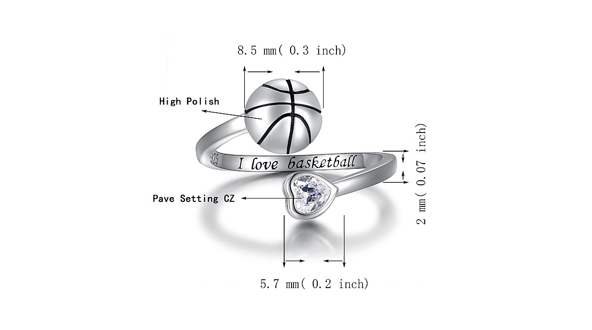 925 Sterling Silver Basketball Ring - Adjustable Sports Gift