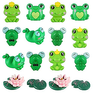 16 Pieces Cute Frog and Lotus Miniature Figurines Resin Frog Stuff Mini Garden Ornament Animal Model Garden Miniature Moss Landscape DIY Craft Accessories Frog Party Decoration Home Supplies Plant Pot