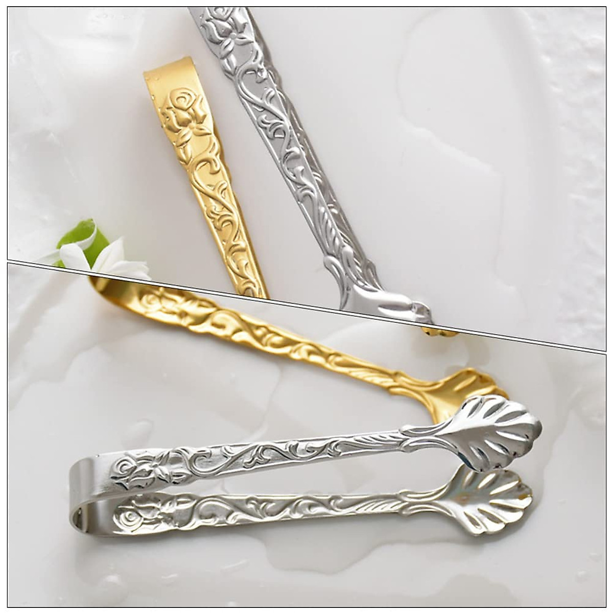 UPKOCH Ice Tong Sugar Cube Clip: Metal Sugar Tongs Vintage Rose Relief Stainless Steel Ice Cube Tong Small Food Clips for Appetizer Dessert Kitchen Silver