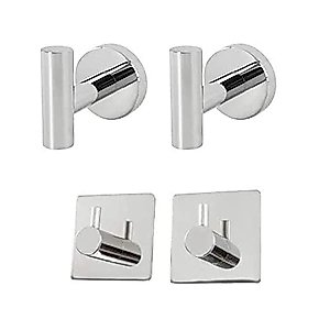 TocTen 4 Pack Bath Towel Hook Set, SUS 304Stainless Steel Robe Hook, Heavy Duty Bathroom Hook Include 2 Wall Mounted Coat Hooks 2 Adhesive Hooks Suitable for Kitchen Office Bathroom