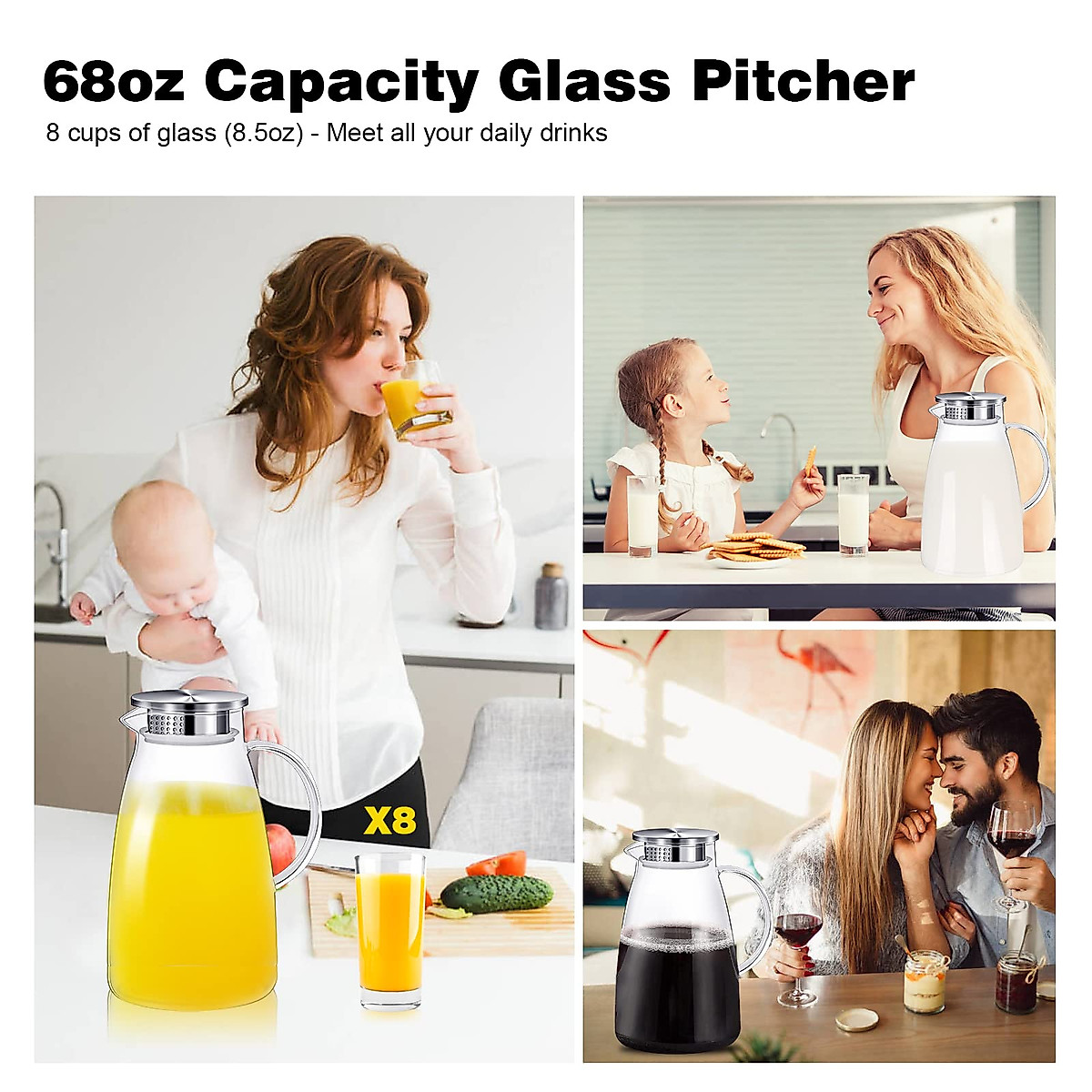 Glass Pitcher with Lid 68oz Water Jug Pitcher Stainless Steel Iced Tea Carafe Pitcher Drip-Free Heat Resistant Borosilicate Glass for Juice Milk Coffee Wine Cold & Hot Beverage with Beverage Stirrer