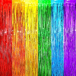 2 Pack Rainbow Foil Fringe Backdrop Curtains, Tinsel Streamers Birthday Party Decorations, Fringe Backdrop for Graduation, Baby Shower, Gender Reveal, Disco Party