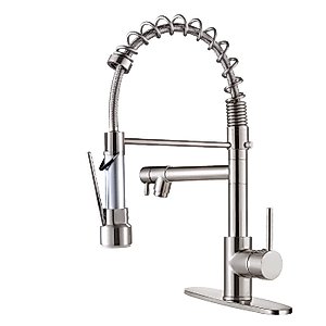Qomolangma Contemporary Kitchen Faucet with Pull Down Sprayer, Stainless Steel Single Handle Spring Kitchen Sink Faucets with Sprayer, with Deck Plate, Brushed Nickel