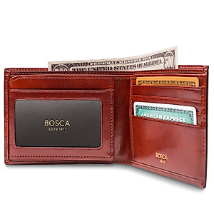 Bosca Men's Old Leather Bifold Wallet with ID Window and Card Slots - Italian Leather, Durable and Stylish, Cognac Brown