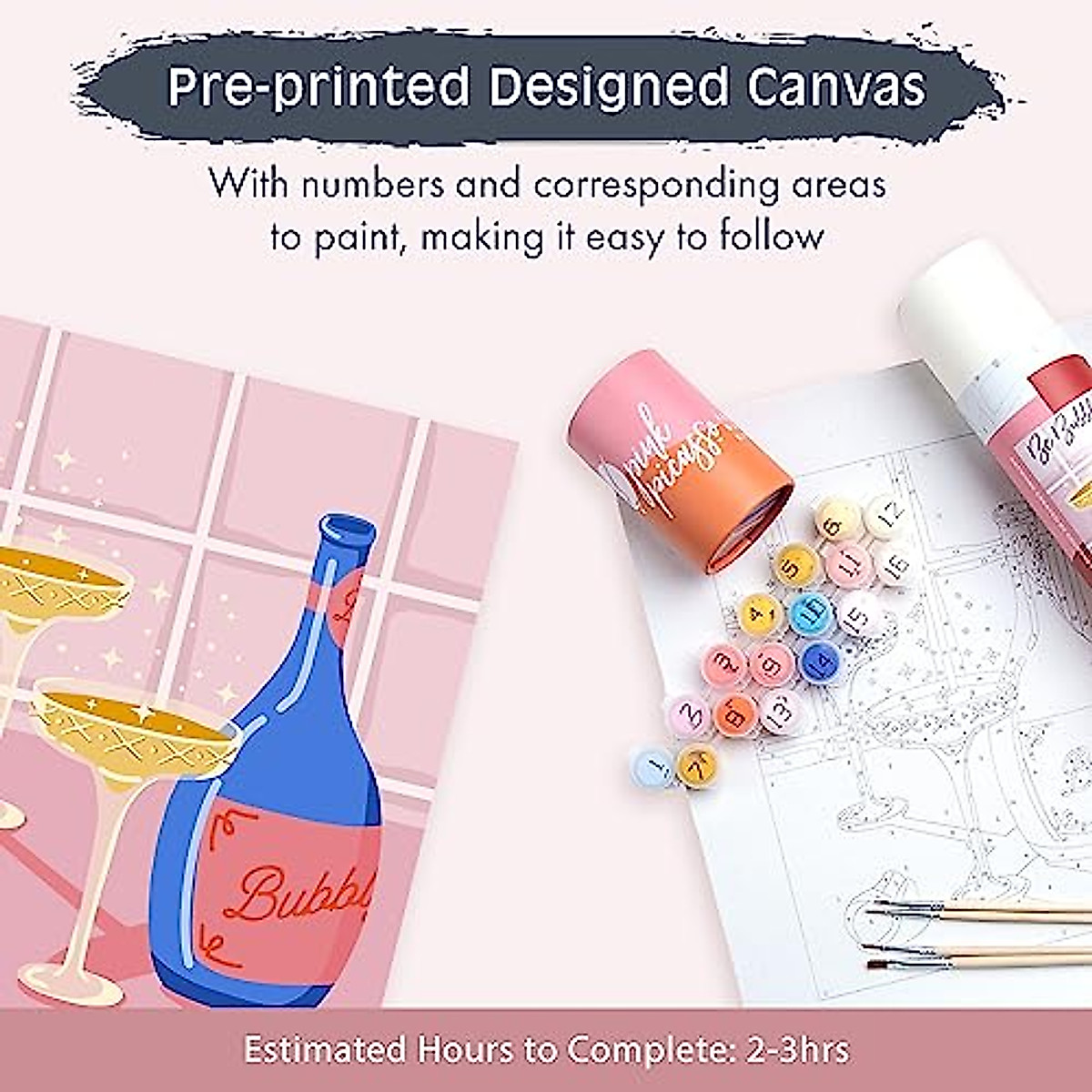 Pink Picasso Kits Mid Century Modern Paint by Number for All Ages | DIY Color by Numbers Craft Kit Acrylic Paint Canvas Beginners Painting Kits as Seen On Shark Tank | (Be Bubbly) 8x10-Paint Kit Set