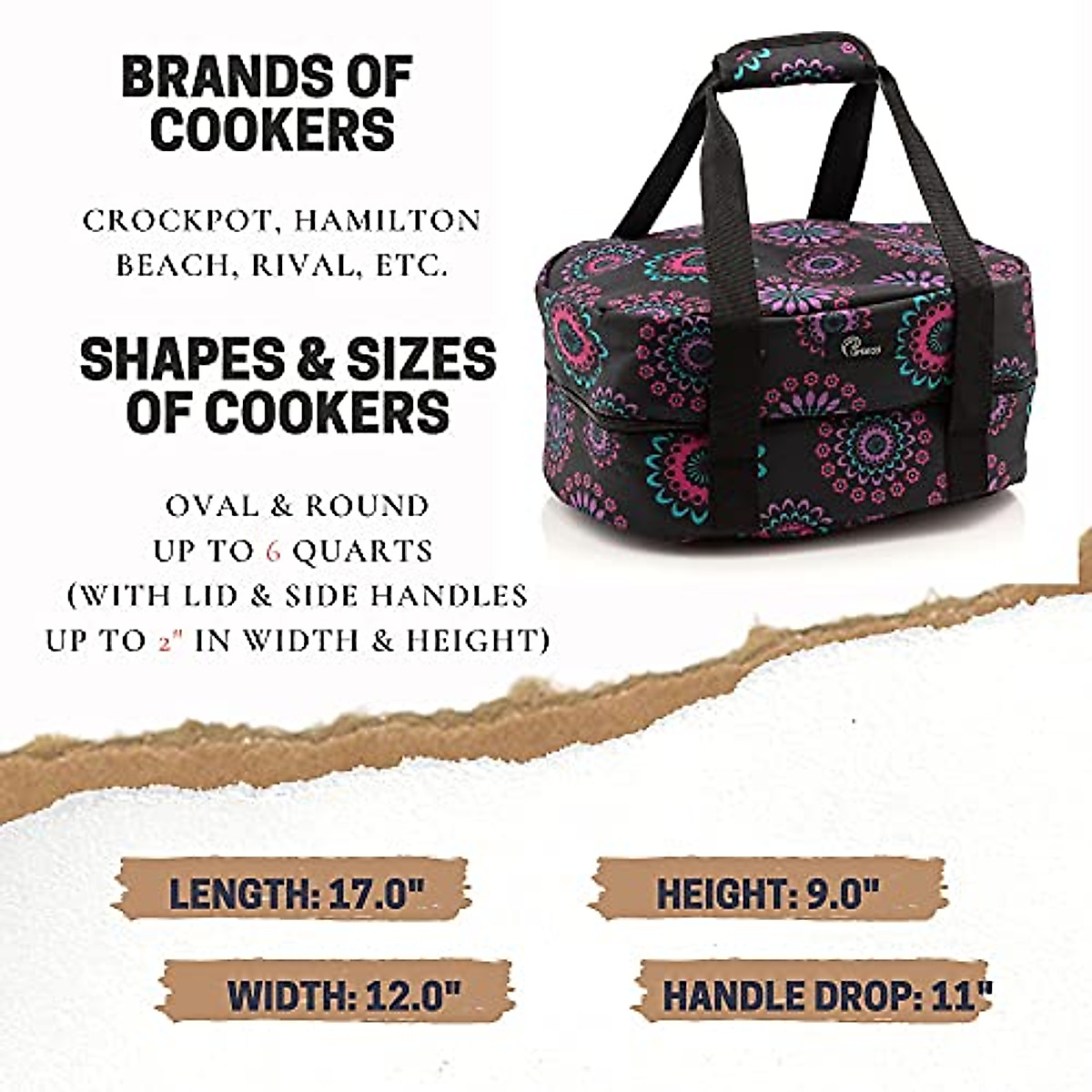 Slow Cooker Bag for Carrying Oval and Round-Shaped Crockpots, Multi Cookers, Rice & Pressure Cookers up to 6 Quarts to Transport Hot Food with Ease and in Style (Purple Circle)