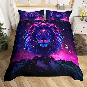 Leo Kids Duvet Cover Set Full Size,Starrry Sky Galaxy Romantic Bedding Set,Boys Girls Room Decor,12 Constelleations Western Astrology Zodiac Comforter Cover,Blue Purple Quilt Cover,2 Pillowcases