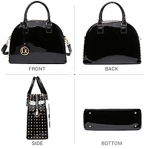 Dasein Women Patent Leather Purses Handbags Dome Satchel Purse Work Tote Structured Shoulder Bag with Long Strap (Black)