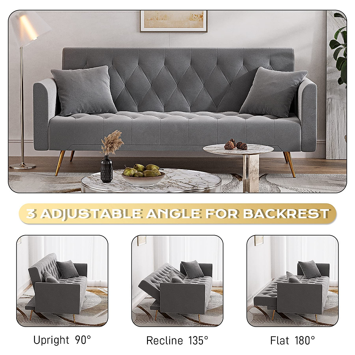 OUYESSIR Velvet Futon Couch Bed, 71 inch Loveseat Convertible Sleeper Sofa with 2 Pillows, Modern Small Futon Couch for Bedroom, Living Room (Grey)