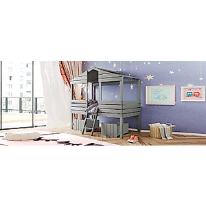 Bellemave House Twin Bed for Kids, Low Loft Bed with 2 Storage Drawers, Twin Size Low Loft House Bed with Roof and Windows, Playhouse Bed for Boys Girls, No Box Spring Needed (Gray)