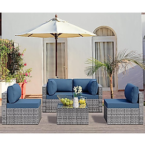 Walsunny Patio Furniture Set, 5 Pieces Outdoor Sectional Sofa Wicker Conversation Sets with Tea Table and Patio Couch Cushions(Royal Blue)