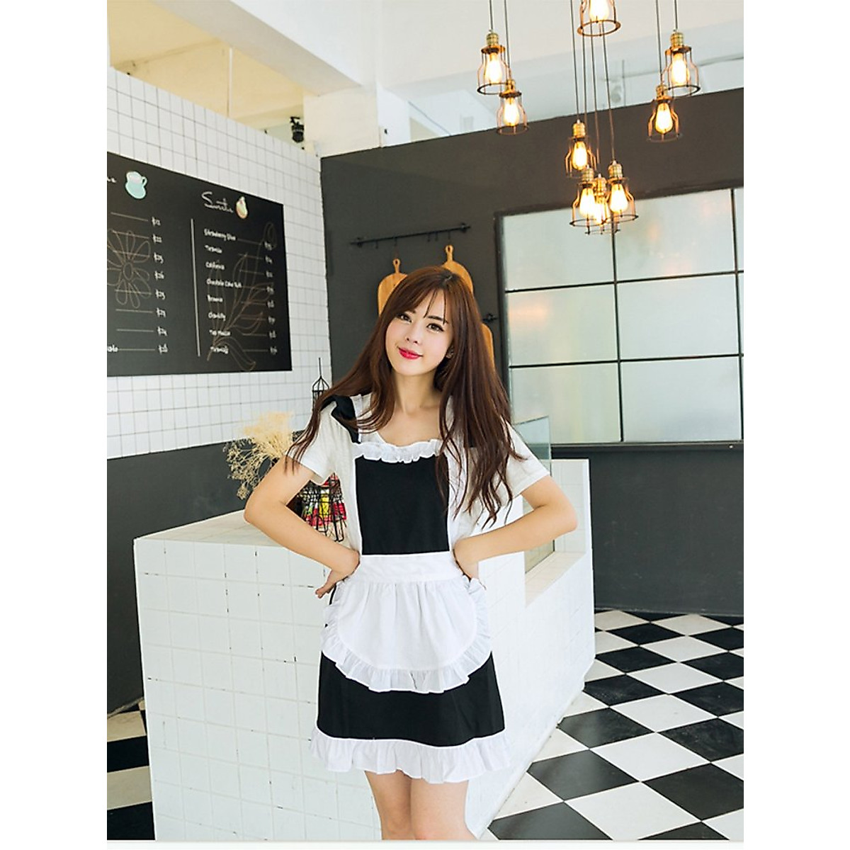 Love Potato Cute Sweet Retro Frilly Aprons for Girl Women's Kitchen Cooking Cleaning Maid Costume with Pocket (Black and White)