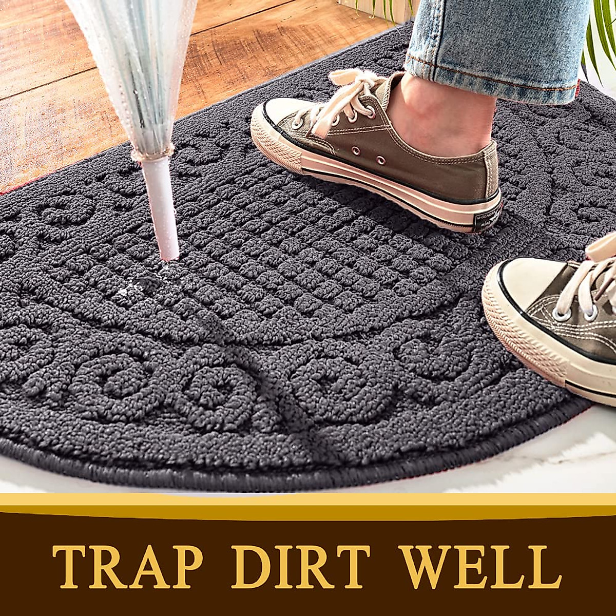 Half Round Indoor Door Mat 18"X30",Non Slip Machine Washable Entryway Rug for Front/Back Outdoor,Half Circle Absorbent Low Profile Entrance Kitchen Floor Mat Doormat for Muddy and Paws-Grey