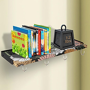 TYHBO Printed Style Floating Shelves for Wall,1 pcs Wall Mounted Room Shelf with Hooks for Floating Book Shelves for Wall, Plant Shelf and Room Decor (Flowers)