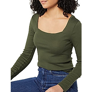Amazon Essentials Women's Slim-Fit Long Sleeve Square Neck T-Shirt, Olive, Medium