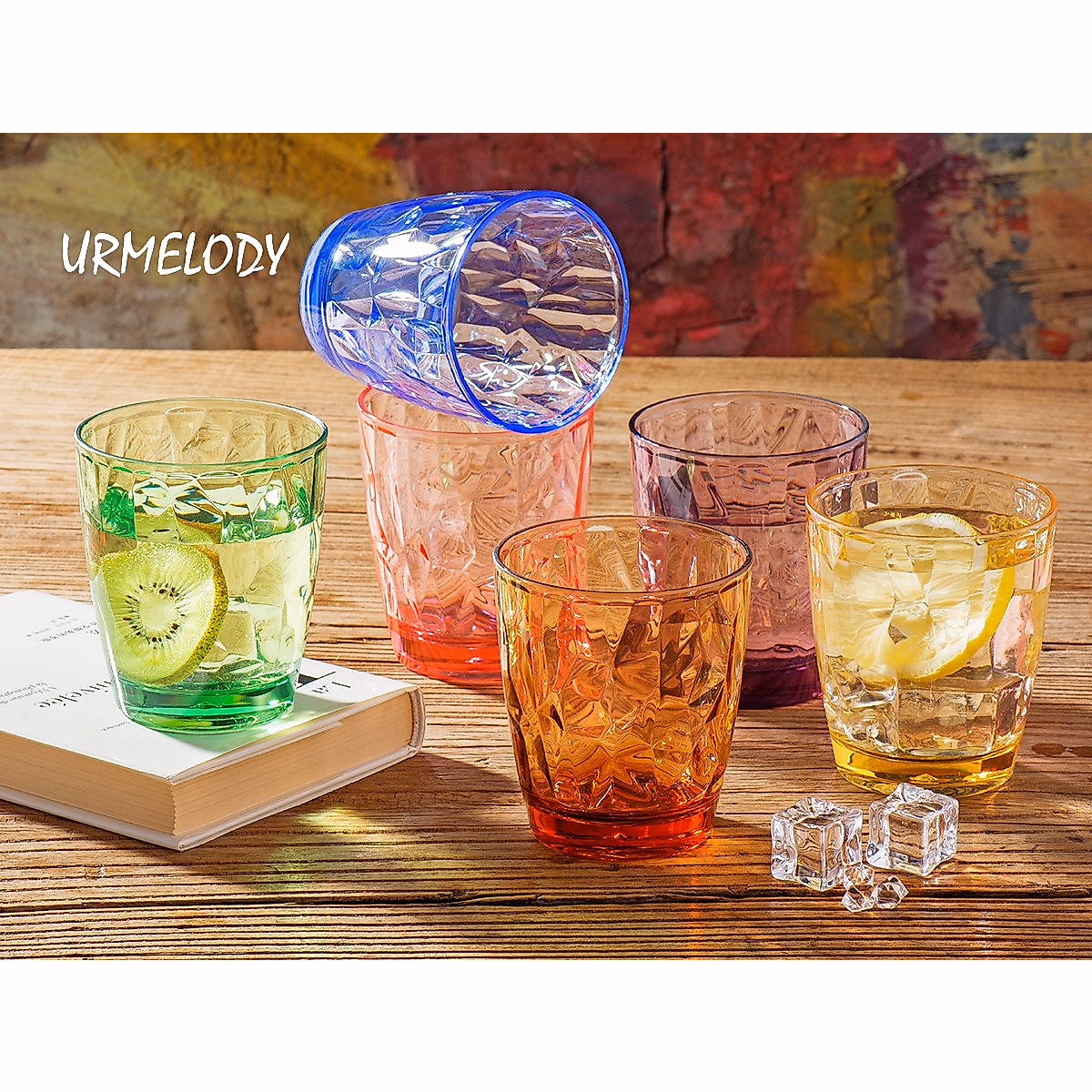 Urmelody 11oz Colored Drinking Glasses Set Acrylic Glassware for Kids Plastic Tumblers Cups Picnic Water Glasses Unbreakable Juice Drinkware for Camping Restaurant Beach BPA Free